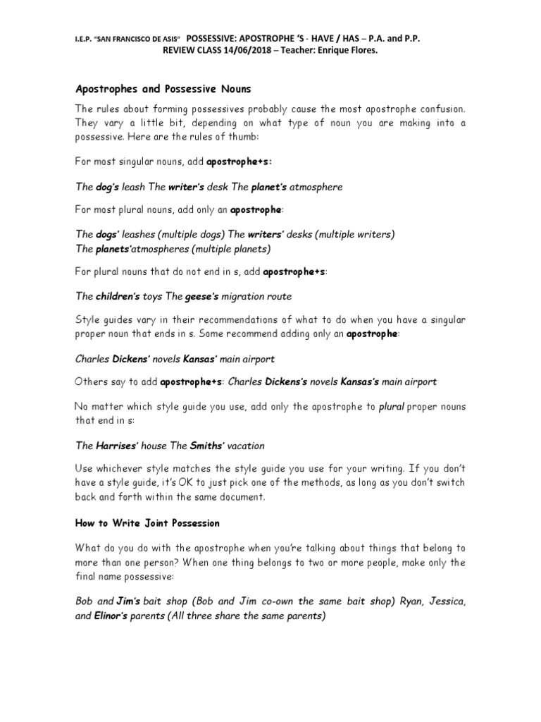 REVIEW CLASS Apostrophes and Possessive Nouns | PDF | Pronoun | Plural