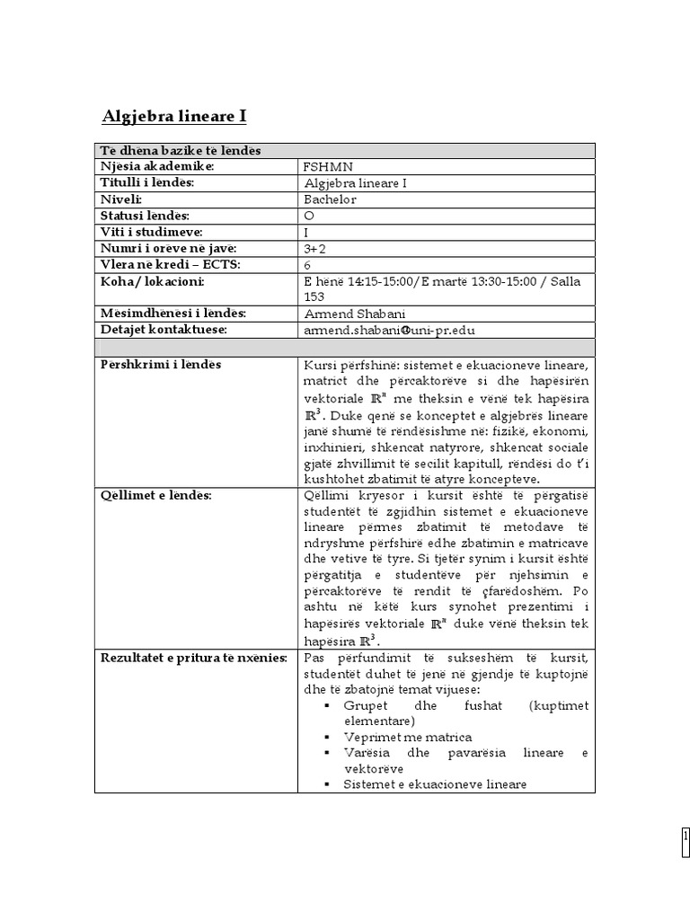 Syllabusi-Algjebra Lineare I - Shkurt 2018 | PDF