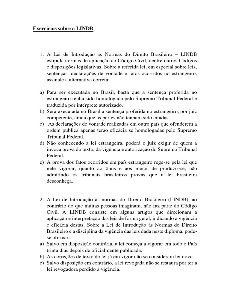 Exercícios Sobre A LINDB | PDF | Domicílio (jurídico) | Estatuto