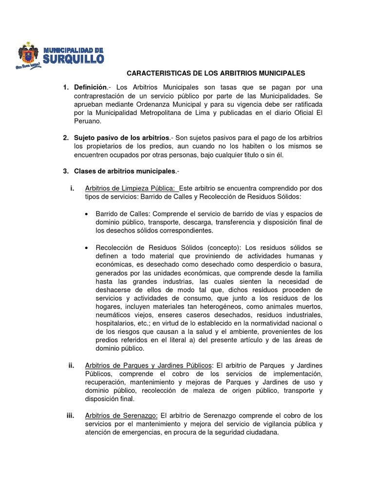 Caracteristicas de Los Arbitrios Municipales | PDF | Residuos | Gobierno