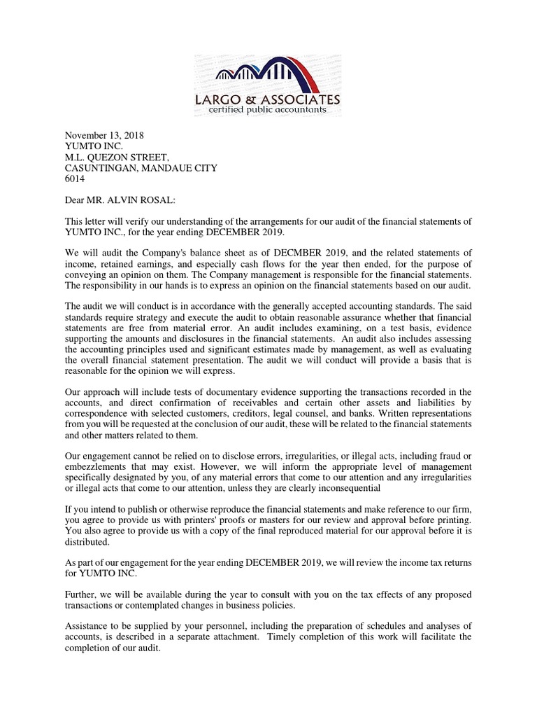 Audit Engagement Letter CPA | PDF | Financial Statement | Invoice