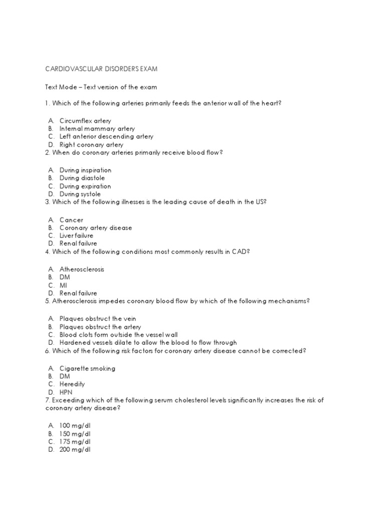 Cardiovascular Disorders Exam Questions | PDF | Heart | Coronary ...