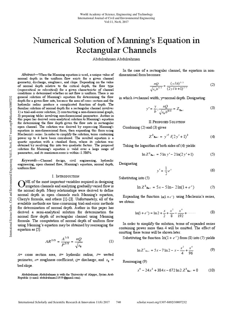 Numerical Solution of Mannings Equation in Rectangular Channels | PDF ...