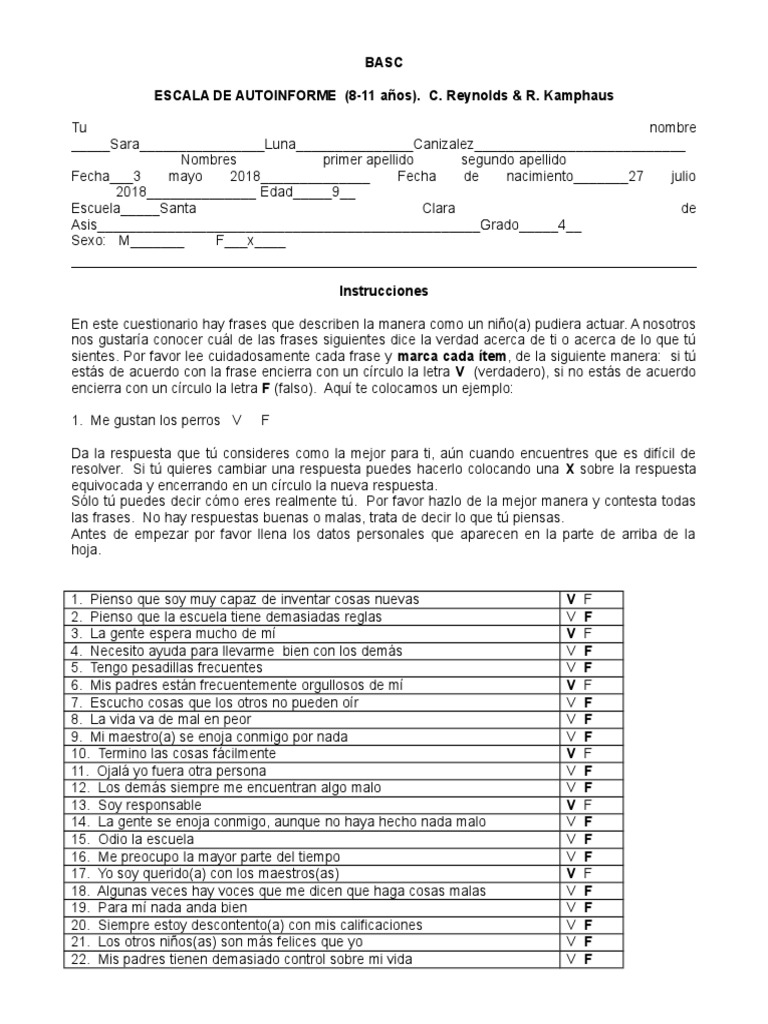 Escala de Autoinforme BASC para Niños | PDF | Violencia | Ocio