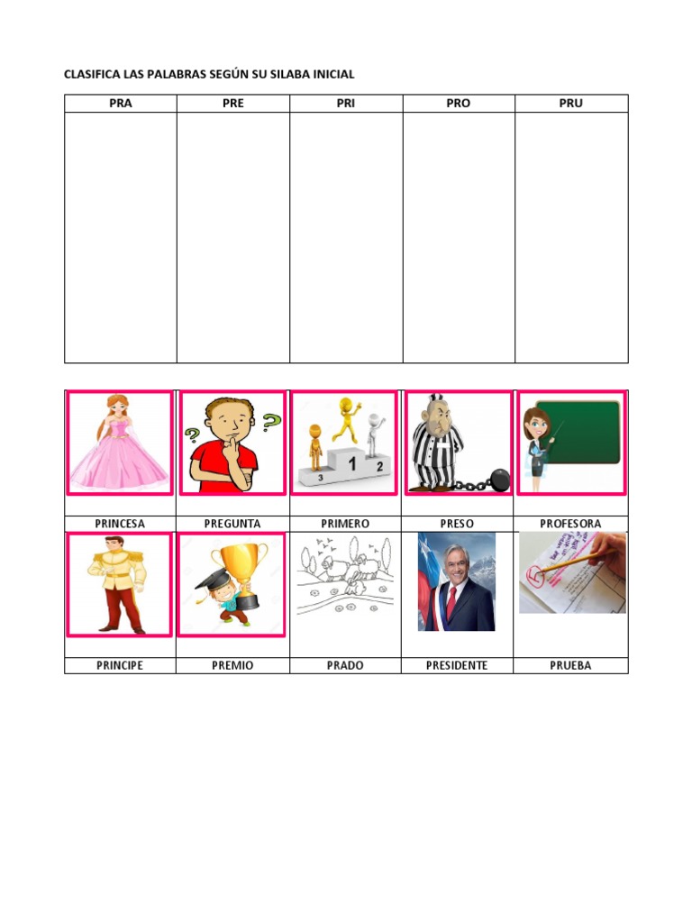 Clasifica Las Palabras Según Su Silaba Inicial PRA PRE PRI PRO PRU