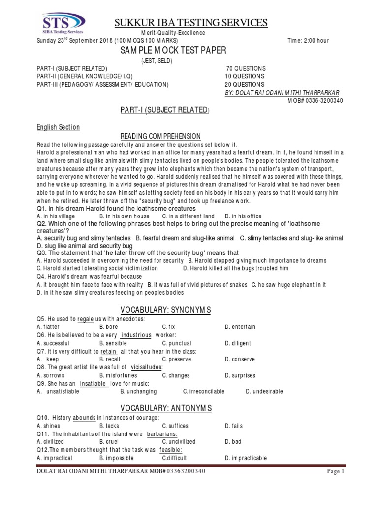Basic Knowledge Mock Test Paper | PDF | Redox | Proton