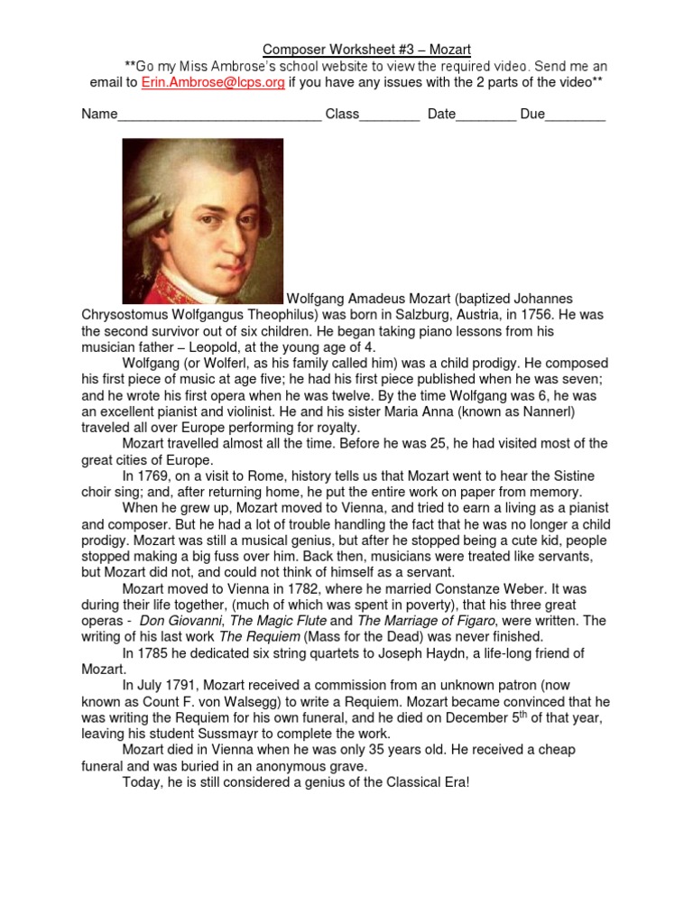 Music Class: Mozart Worksheet | PDF | Wolfgang Amadeus Mozart | Mozart ...