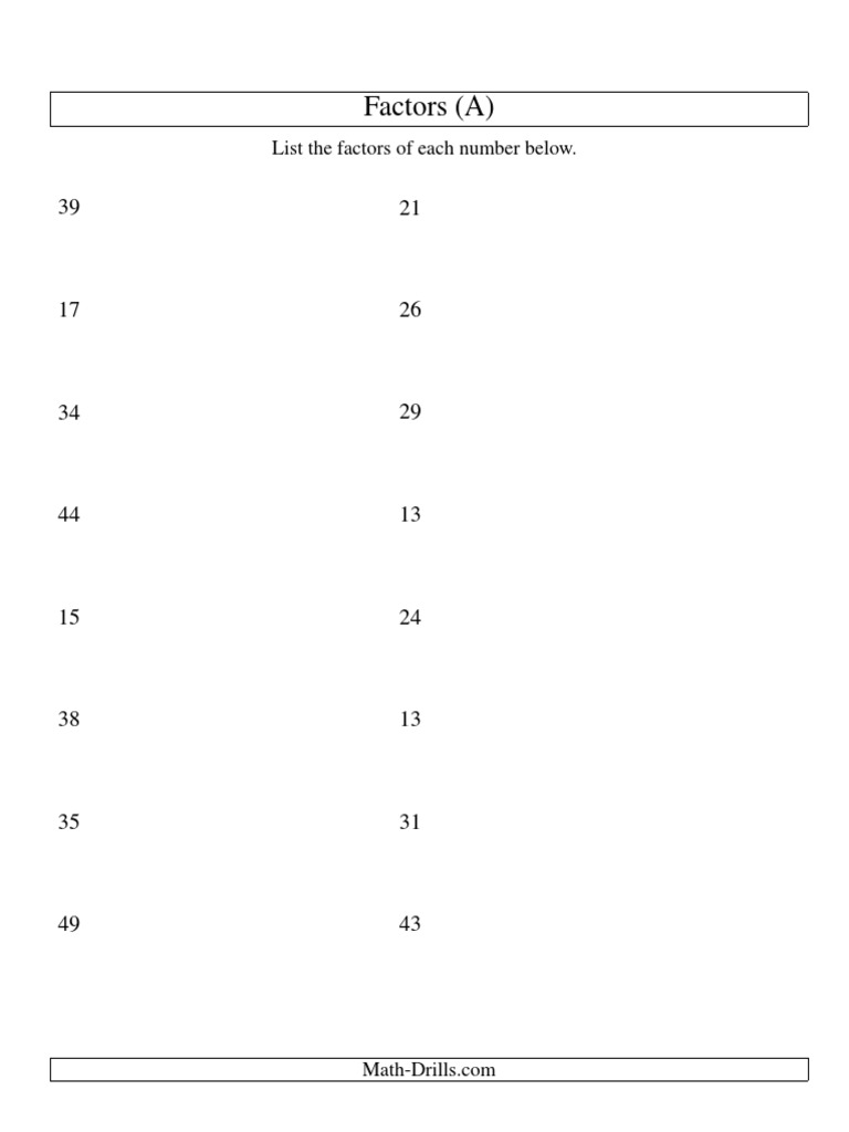 Factors (A) : List The Factors of Each Number Below | PDF