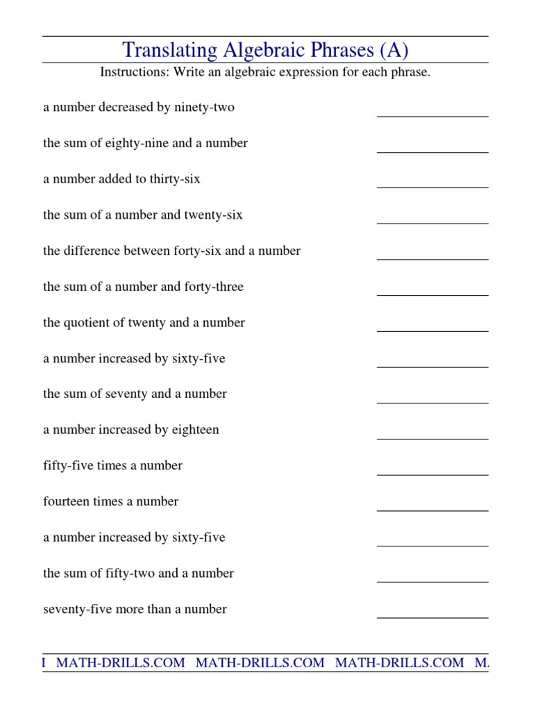Translating Algebraic Phrases Worksheet | PDF
