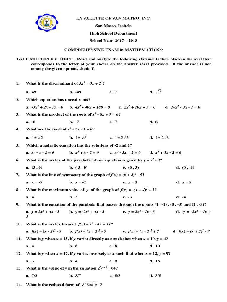 4th Quarter Math 9 '17 '18 | PDF | Quadratic Equation | Discrete ...