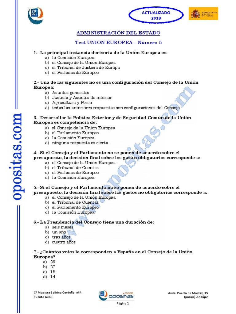 Test Unión Europea Número 5 1 | PDF | Parlamento Europeo | Política mundial