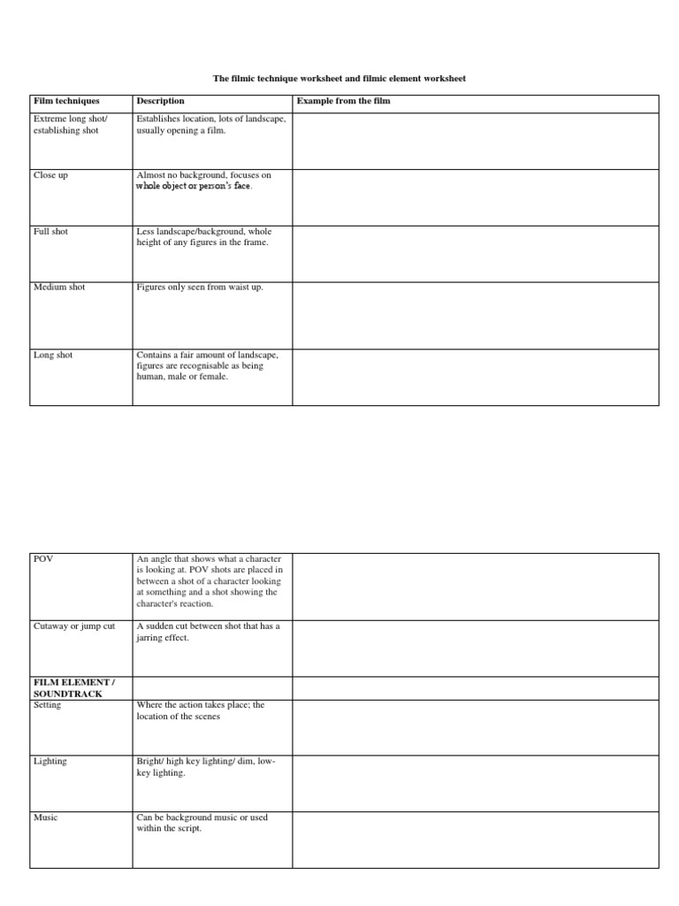 The Filmic Technique Worksheet and Filmic Element Worksheet Film ...