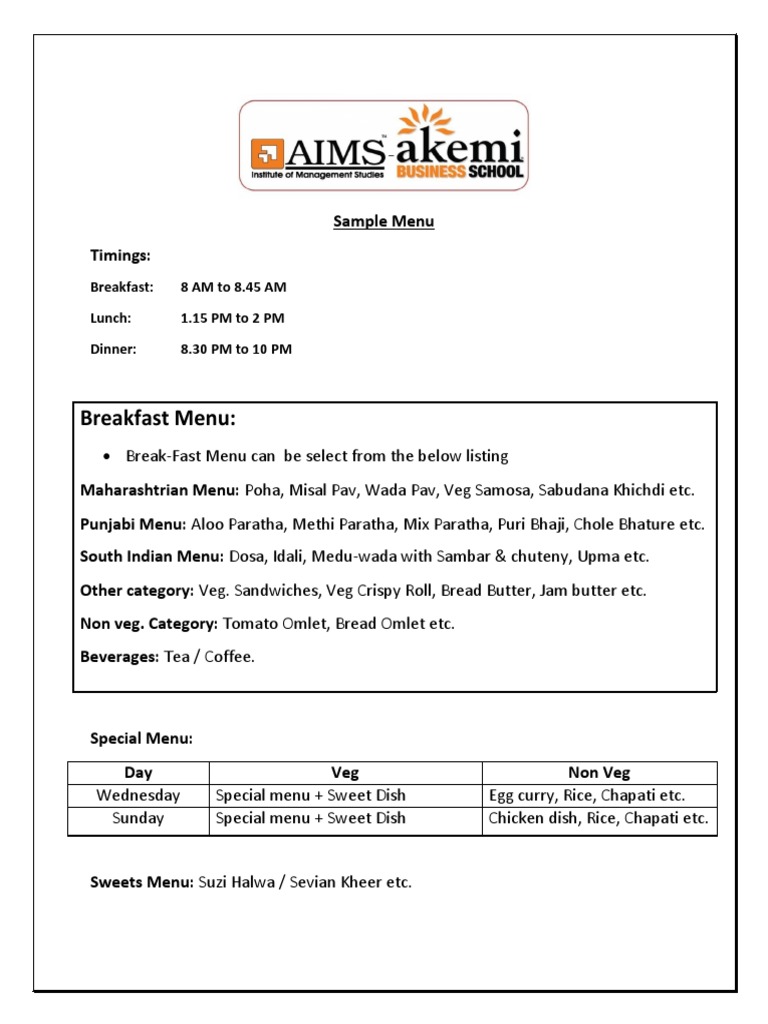 Sample Menu for Breakfast, Lunch, Dinner | PDF