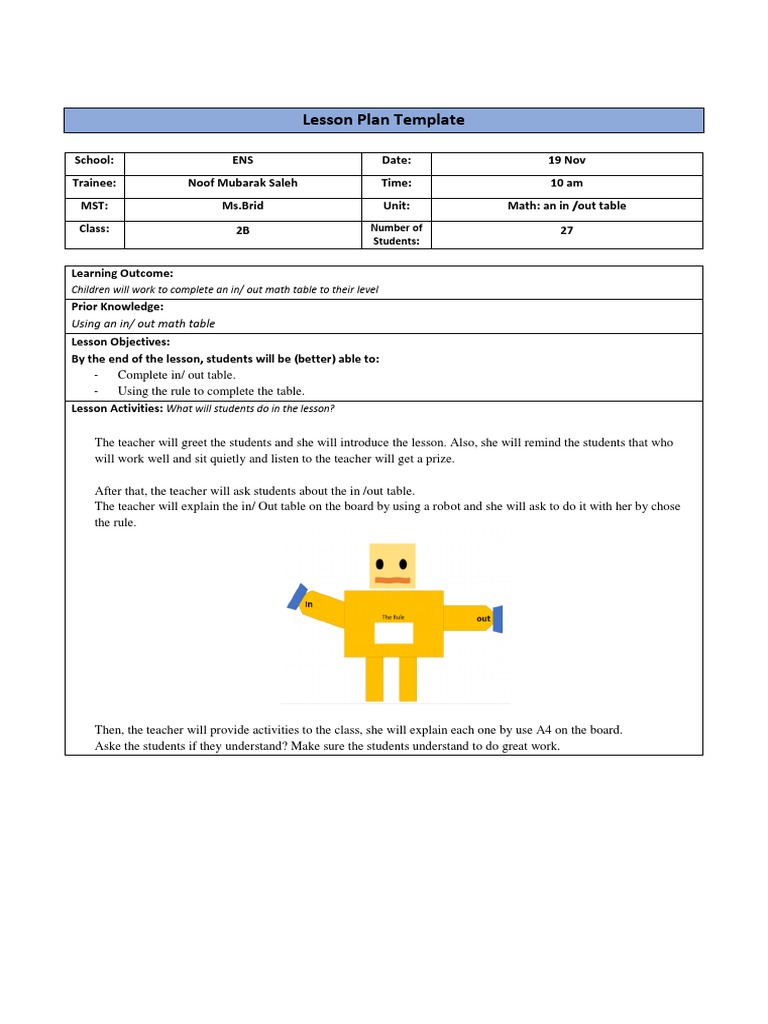 Lesson Plan Template: Using An In/ Out Math Table | PDF