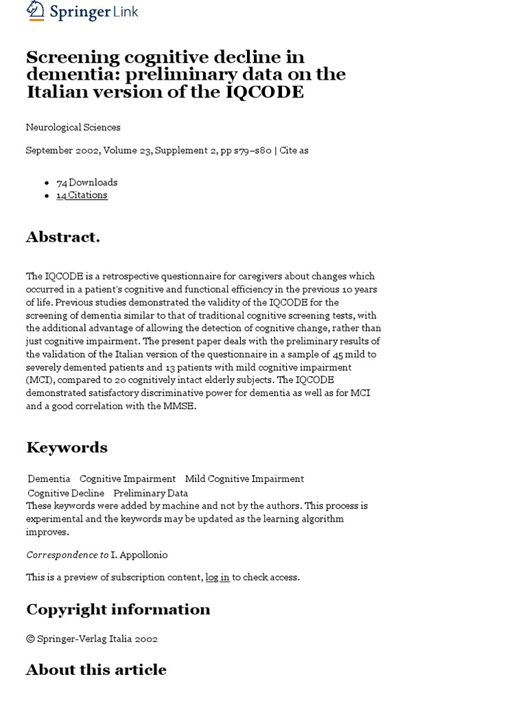 Screening Cognitive Decline in Dementia: Preliminary Data On The Italian Version of The IQCODE ...