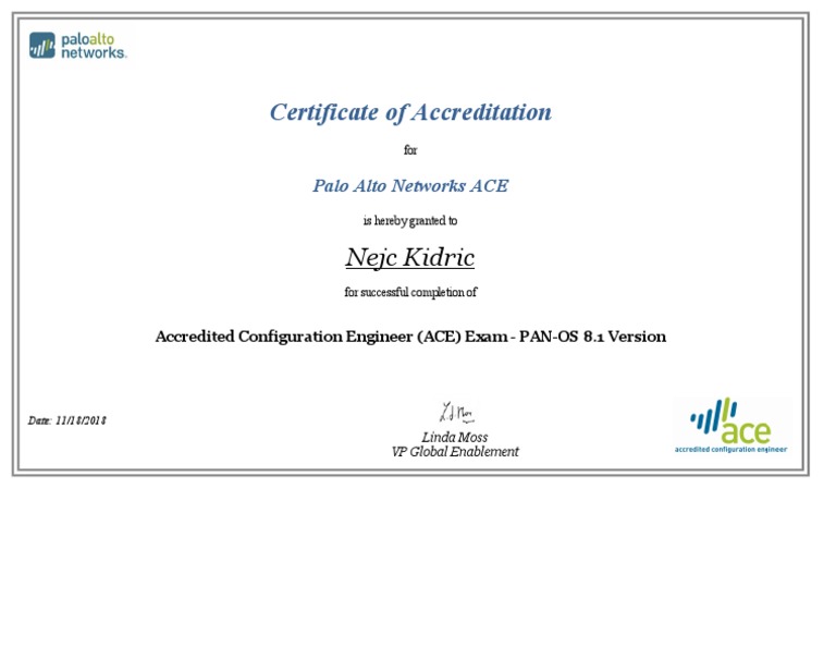 Palo Alto Networks ACE Certificate | PDF