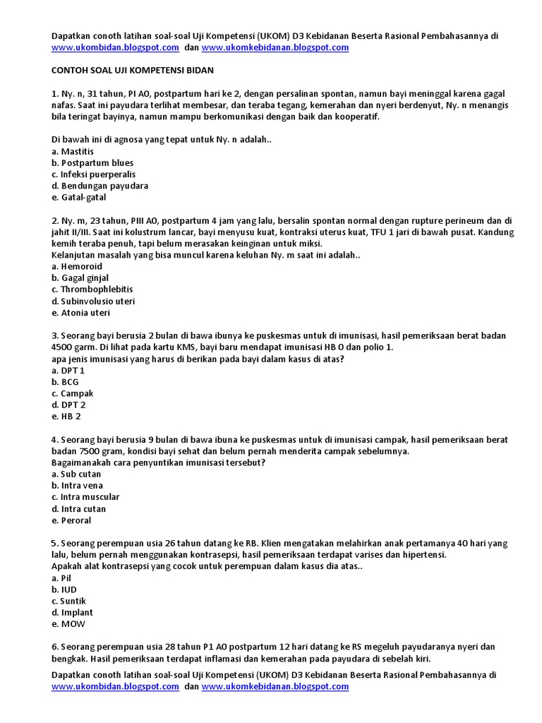Contoh Soal Uji Kompetensi Bidan Dan Kunci Jawaban PDF | PDF