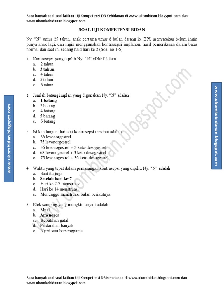 Soal Uji Kompetensi Bidan 2018, 2019, 2020, 2021, 2022, 2023, 2024, 2025, 2026, 2027 | PDF
