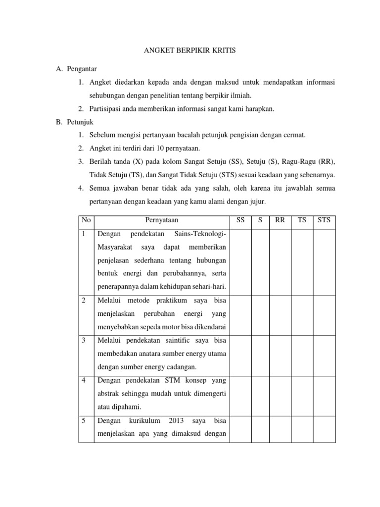 Angket Berpikir Kritis | PDF