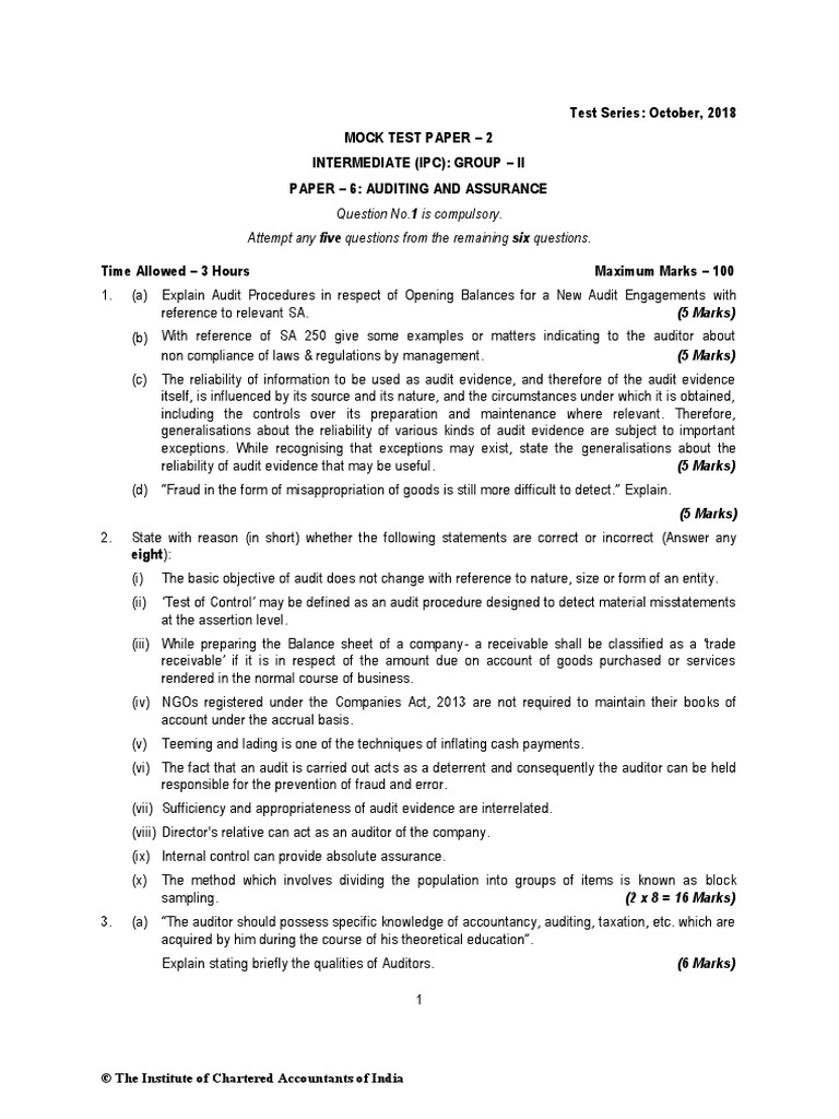 Test Series: October, 2018 Mock Test Paper - 2 Intermediate (Ipc ...