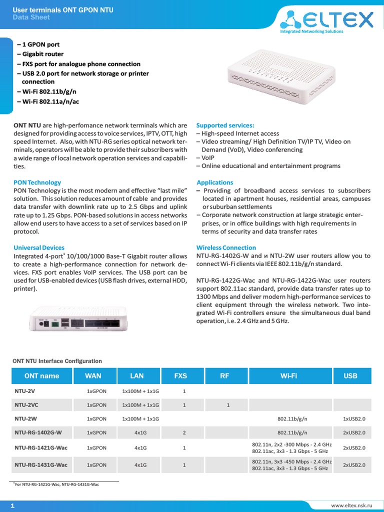 User terminals ONT GPON NTU Data Sheet | PDF | Ieee 802.11 | Computer ...