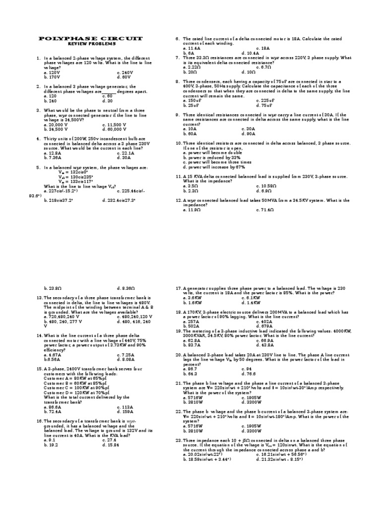 Analysis of Polyphase Circuit Review Problems | PDF | Capacitor | Electrical Equipment