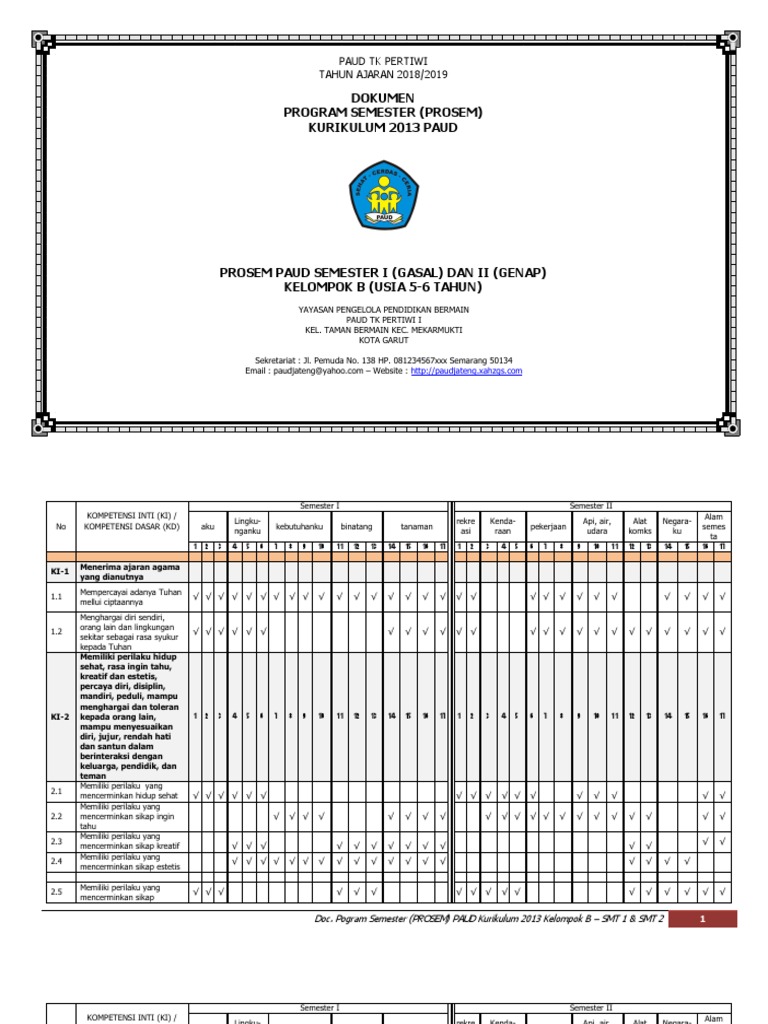 Prosem Paud Kurikulum 2013 KLP B - SMT 1,2 - Paud Jateng | PDF