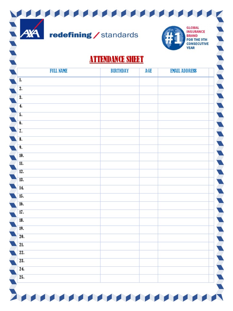 Attendance sheet template with name, age, email | PDF