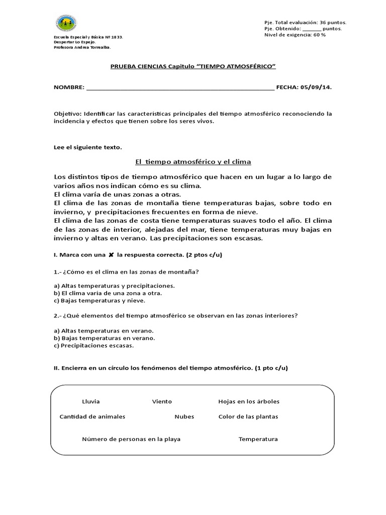 Prueba Ciencias Naturales Tiempo Atmosferico y El Agua | PDF | Clima ...