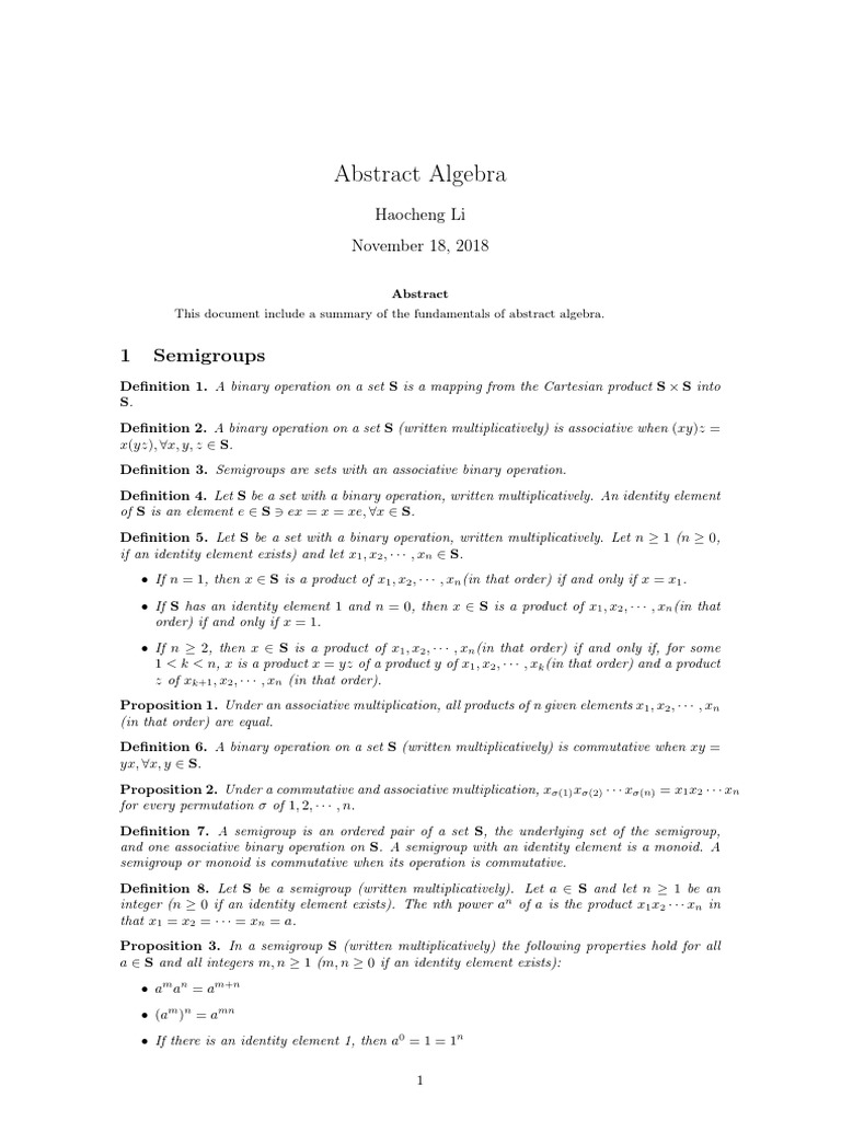 Abstract Algebra: 1 Semigroups | PDF | Group (Mathematics) | Mathematical Structures