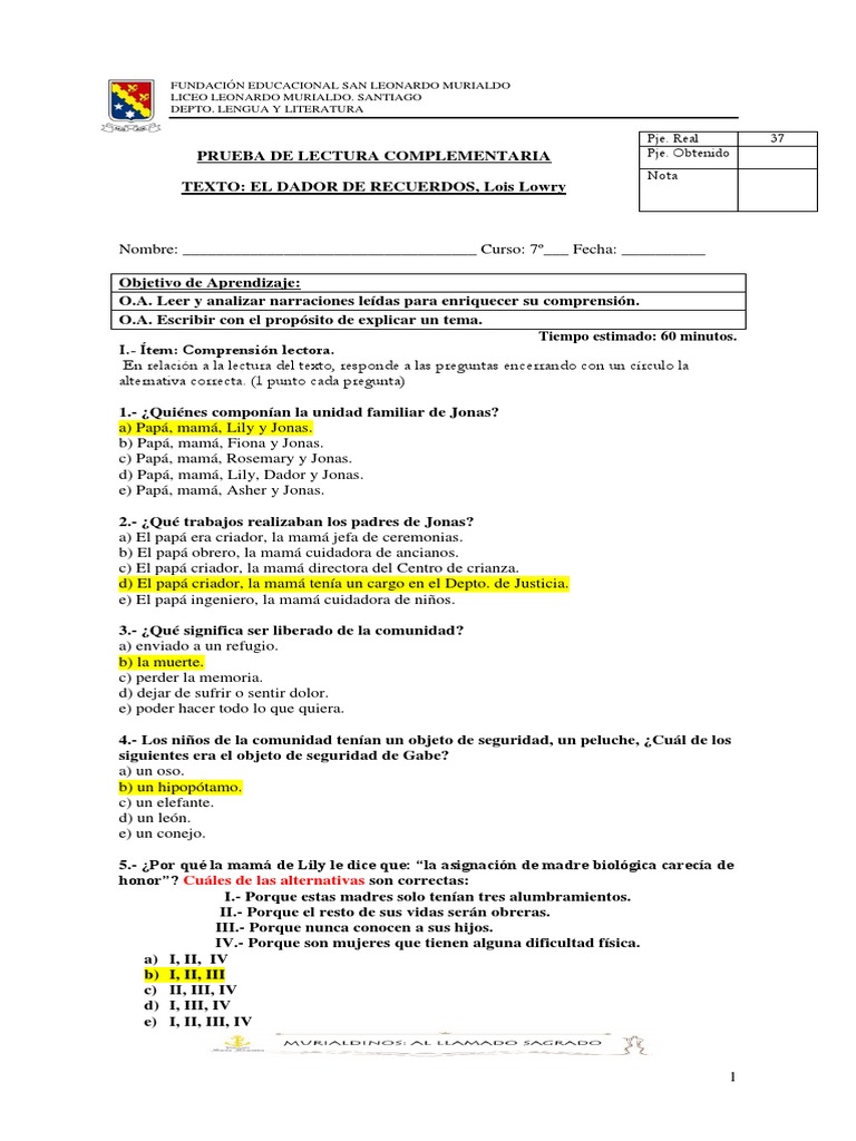 Hojas De Trabajo Del Dador El Dador: The Giver (Spanish Edition), A