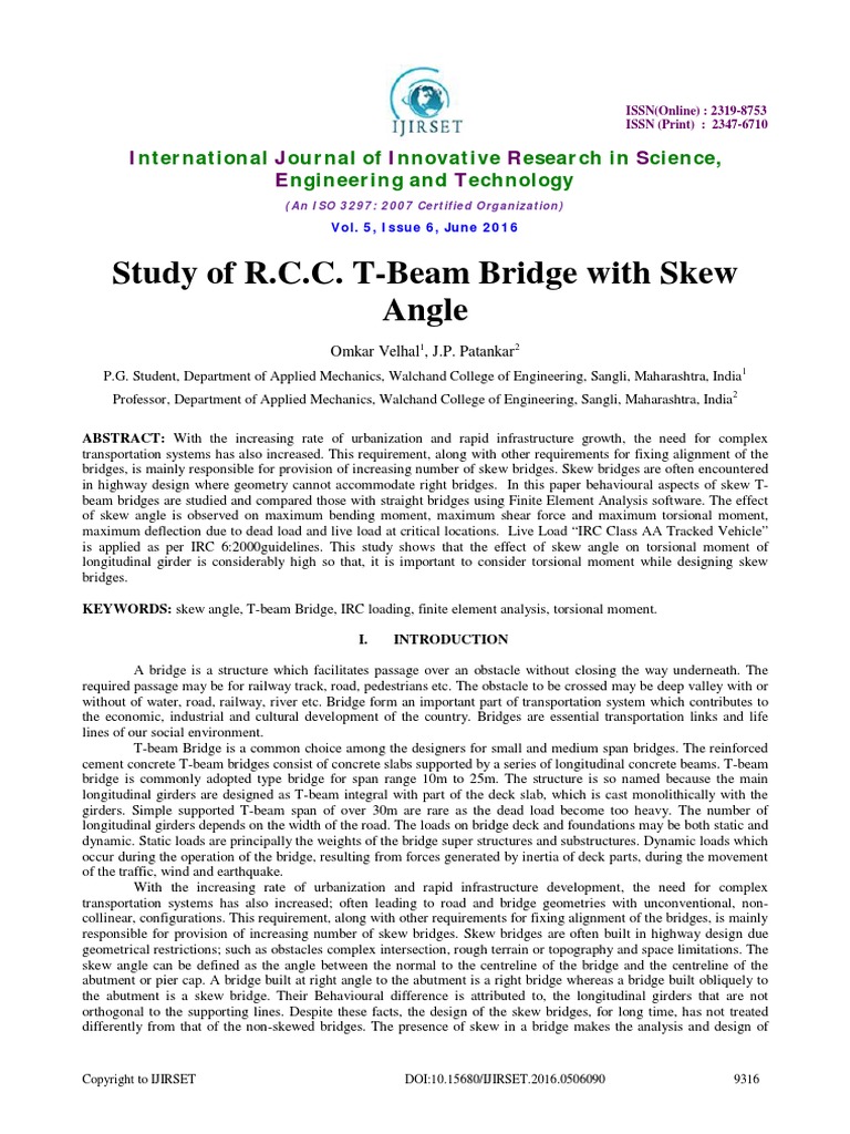 1.study of R.C.C. T-Beam Bridge With Skew | PDF | Bending | Beam ...