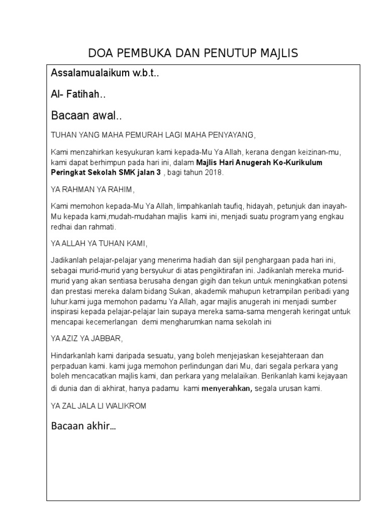 Doa Pembuka dan Penutup Majlis | PDF