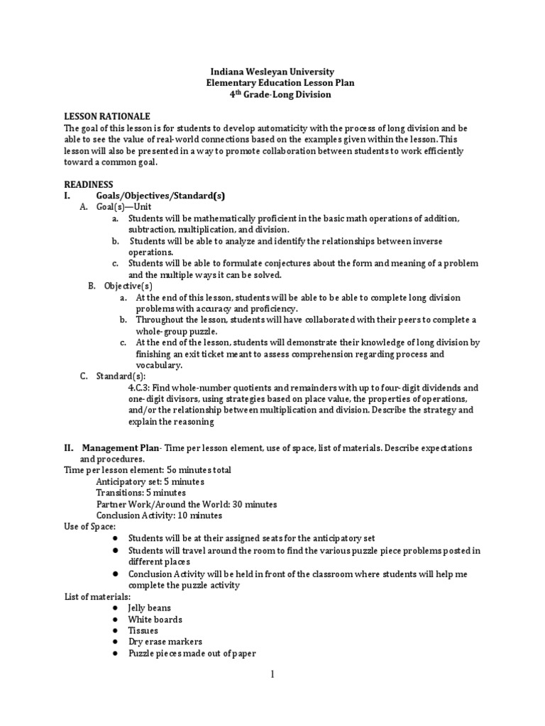 Indiana Wesleyan University Elementary Education Lesson Plan 4 Grade ...
