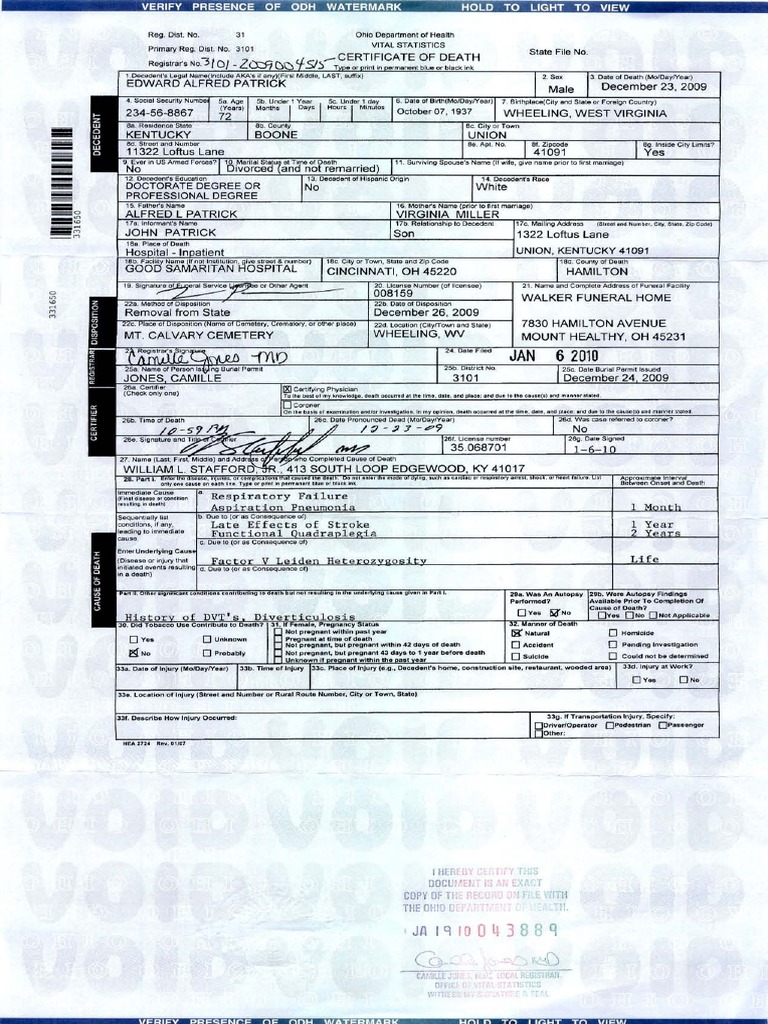 Death Certificate of My Dad's Protege, Edward A. Patrick MD PHD, Ohio ...