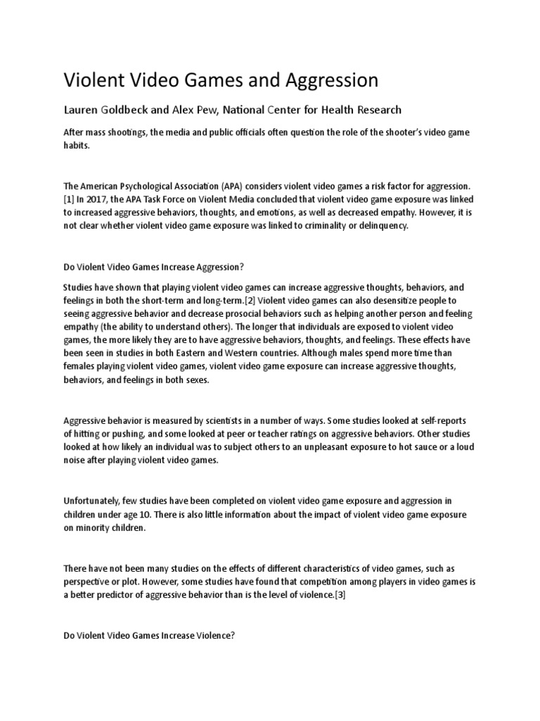 Violent Video Games and Aggression: Lauren Goldbeck and Alex Pew ...