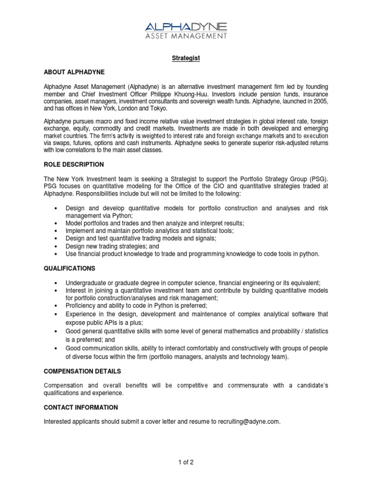 Quant Strategist Role at Alphadyne | PDF | Investment Management ...