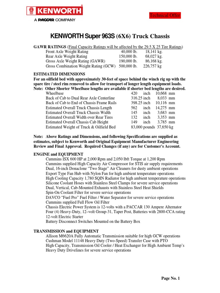 Kenworth 963 Super Spec Summary | PDF | Axle | Transmission (Mechanics)