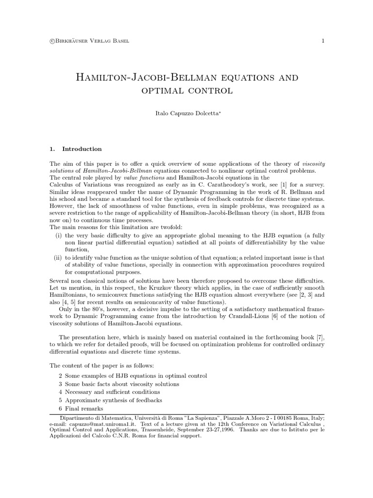 Hamilton-Jacobi-Bellman Equations and Optimal Control: !birkh Auser ...