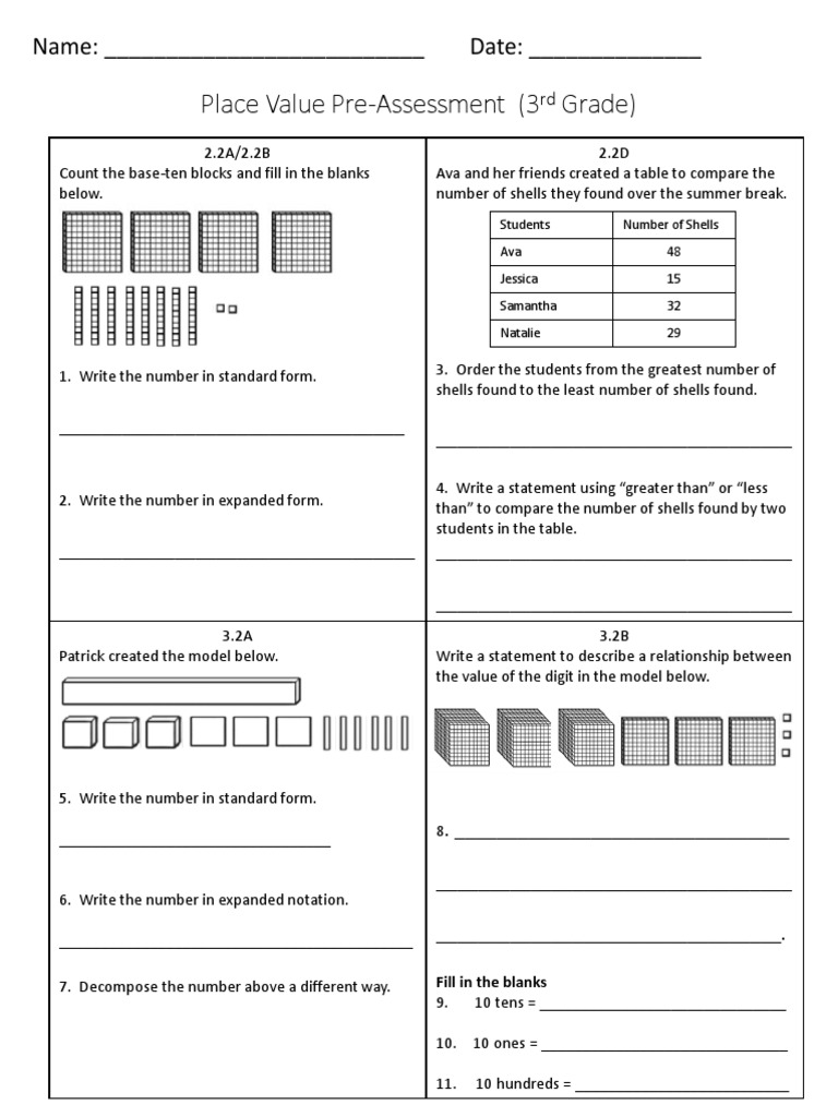 Place Value Pre-Assessment (3 Grade) : Name: - Date | PDF | Teaching ...