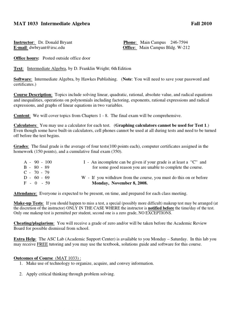 Mat1033 Syllabus | PDF | Factorization | Polynomial