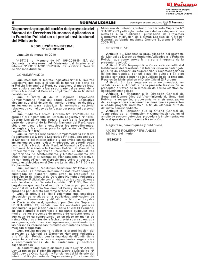 RM 487 2018 in (Prepublicacion Manual - DDHH) | PDF | Estado de emergencia | Policía