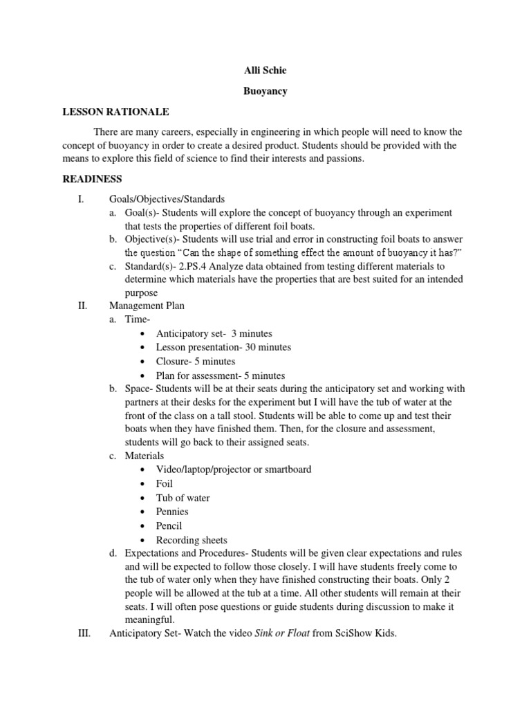 Buoyancy Lesson Plan | PDF | Buoyancy | Experiment