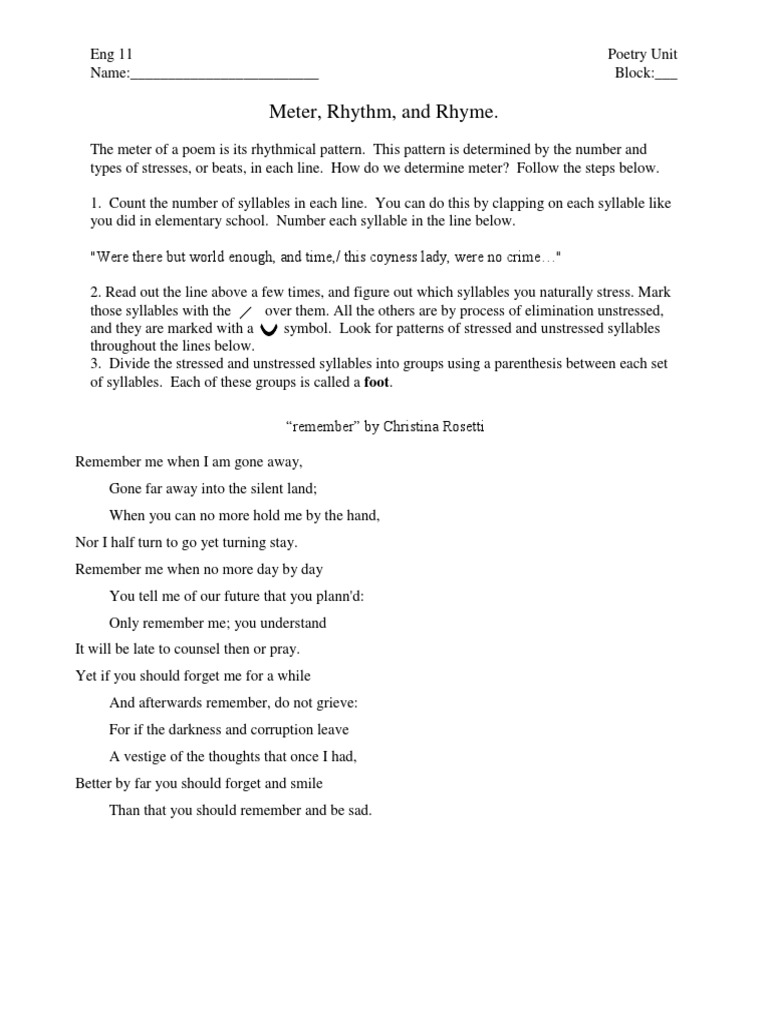 Meter Rythme Rhyme Handout | PDF | Poetry | Metre (Poetry)
