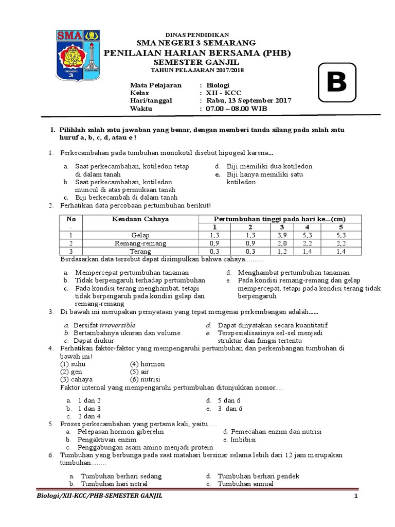 Soal PHB Biologi KCC B | PDF | Kesehatan Holistik | Sains & Matematika
