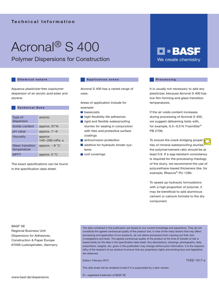 HT Acronal S 400 | PDF | Viscosity | Polymers