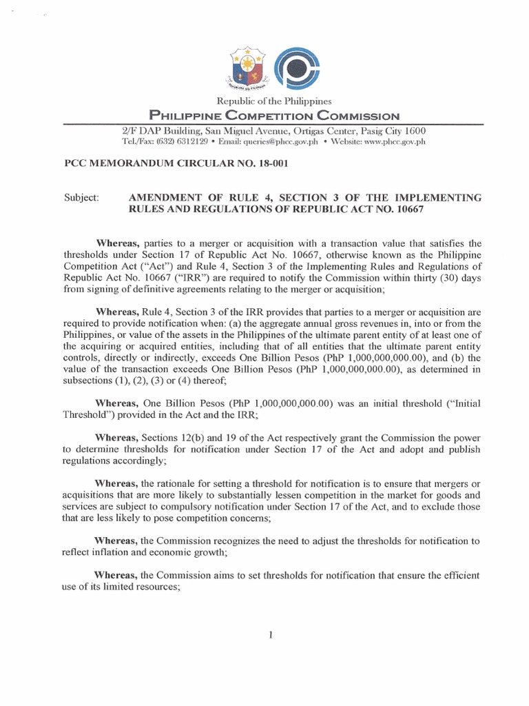 PCC Memorandum Circular 18 001 ThresholdAdjustment | PDF