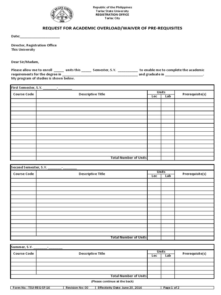 Request For Academic Overload/Waiver of Pre-Requisites: Republic of The ...