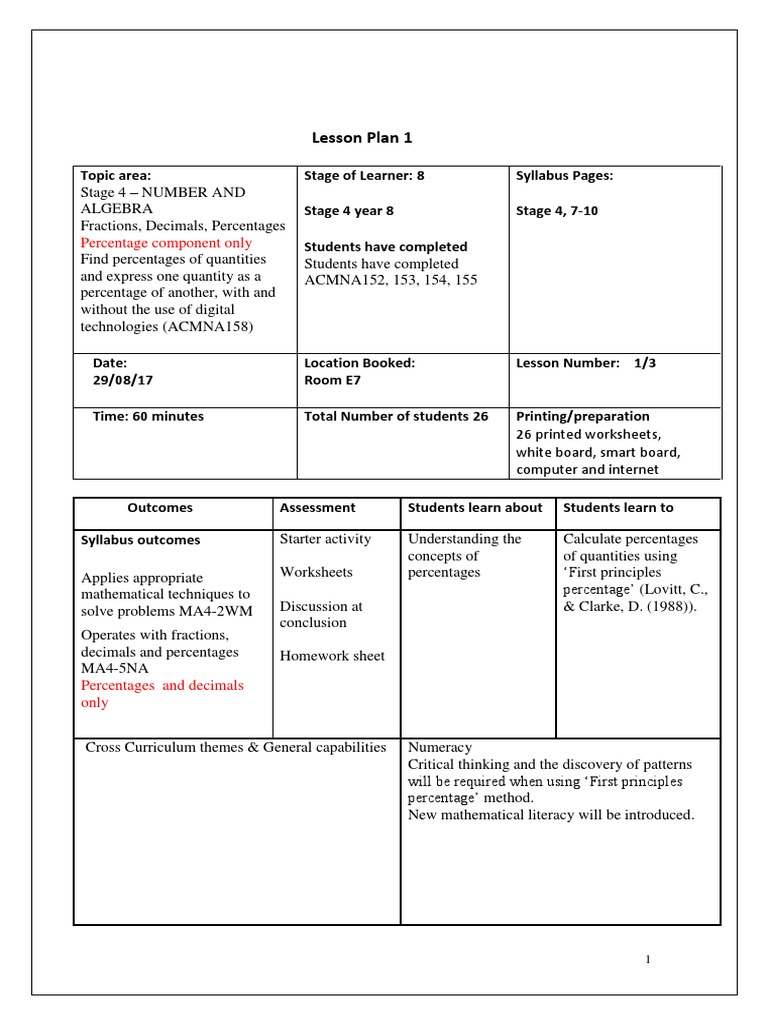 Lesson Plan 1: Percentage Component Only | PDF | Pedagogy | Teachers