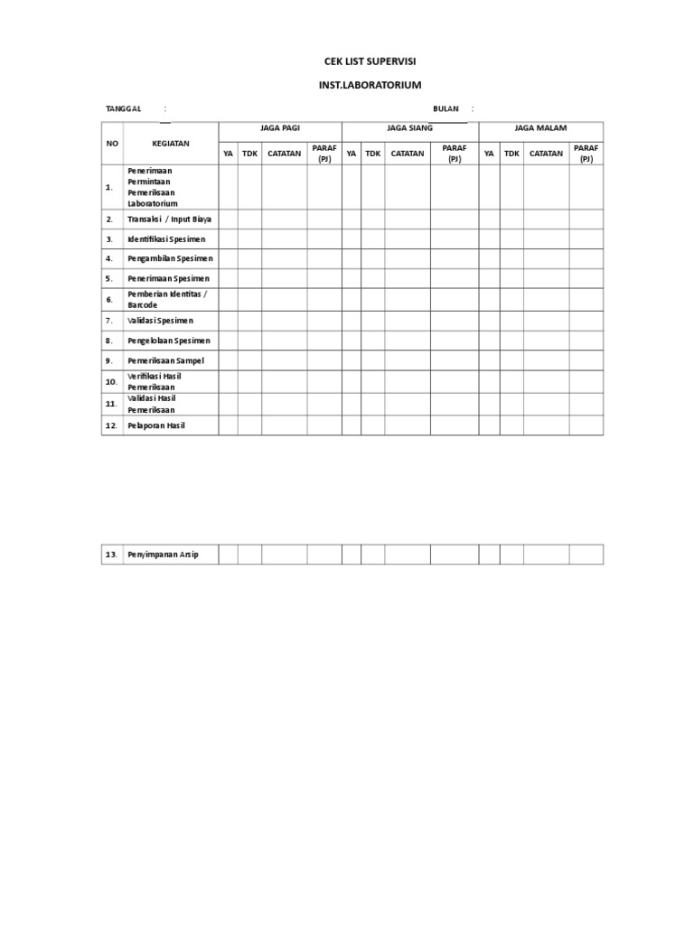 CEK LIST SUPERVISI Pelayanan Laboratorium | PDF
